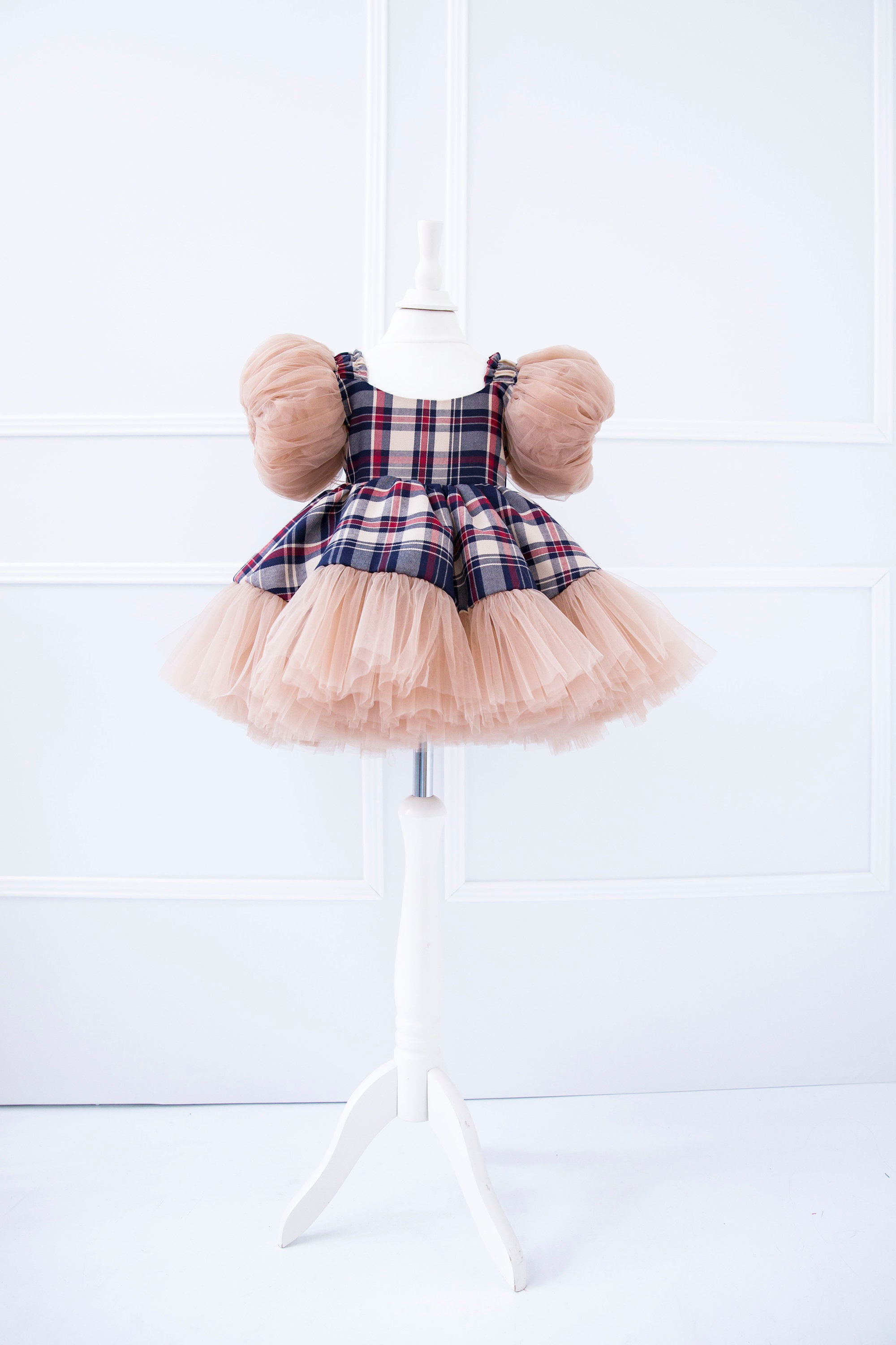 Beige Tutu Tulle Puffy Plaid Flannel, Tartan Christmas Dress, Baby ...