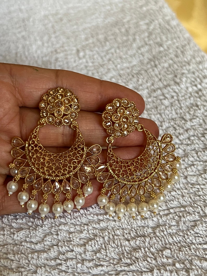Gold & Pearl Beaded Jhumke Earrings, Indian Jewelry, Traditional Desi ...