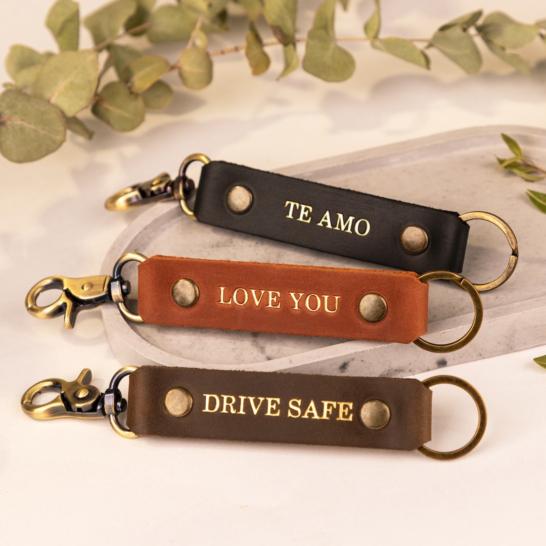 Personalized Drive Safe Key Fob With Name or Initials, Engraved Leather ...