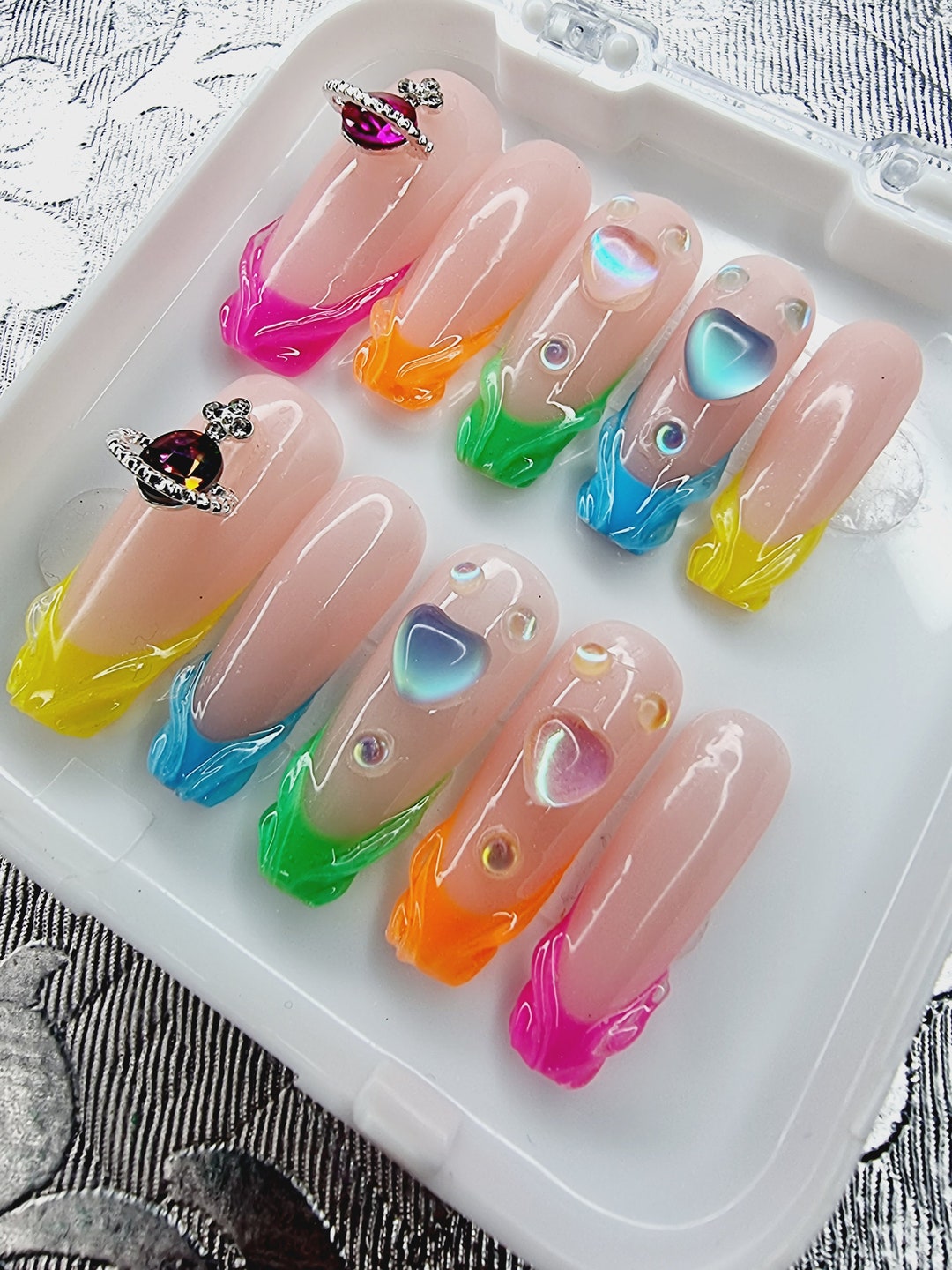 Rainbow Saturn Neon Summer Pressons Custom Press on Nails - Etsy