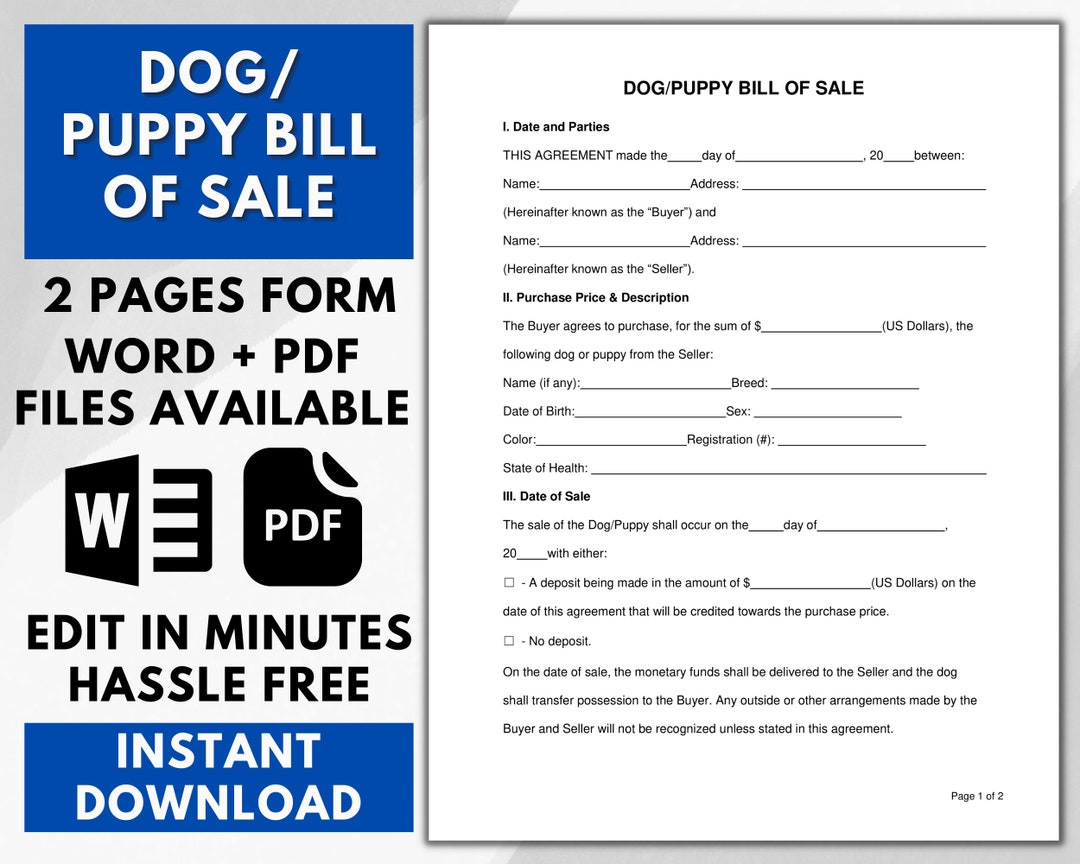 Dog/puppy Bill of Sale, Puppy for Sale Form, Pup Selling Agreement, Pet ...