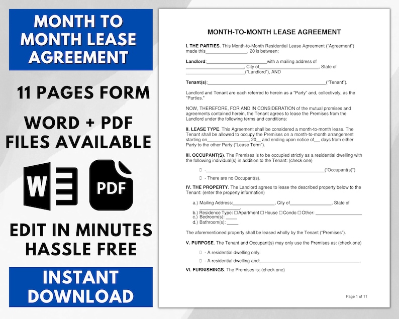 Month to Month Rental Agreement, Monthly Rental Agreement, Month to ...