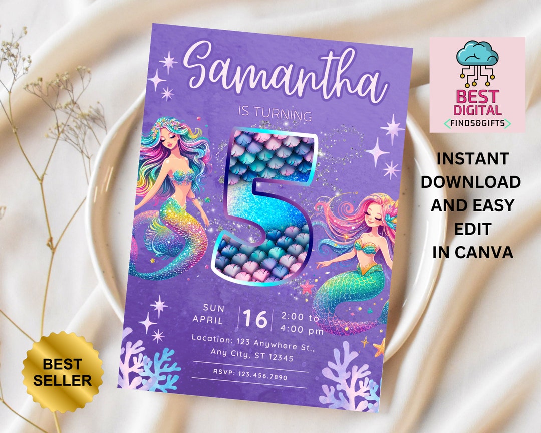 Editable 5th Mermaid Birthday Invitation, Mermaid Under the Sea ...