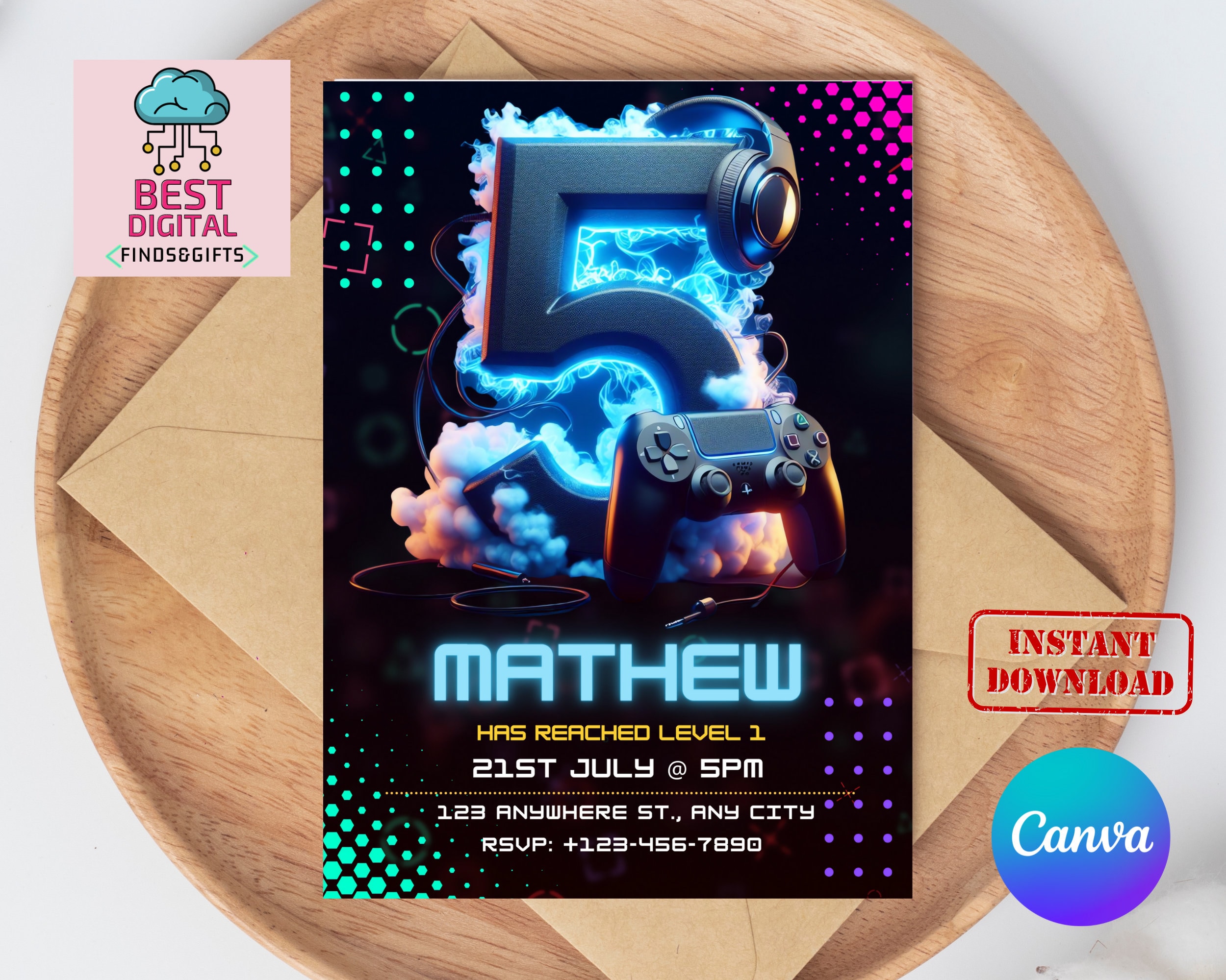 5th Birthday Invitation, Editable Video Game Party Invitation, Level up ...