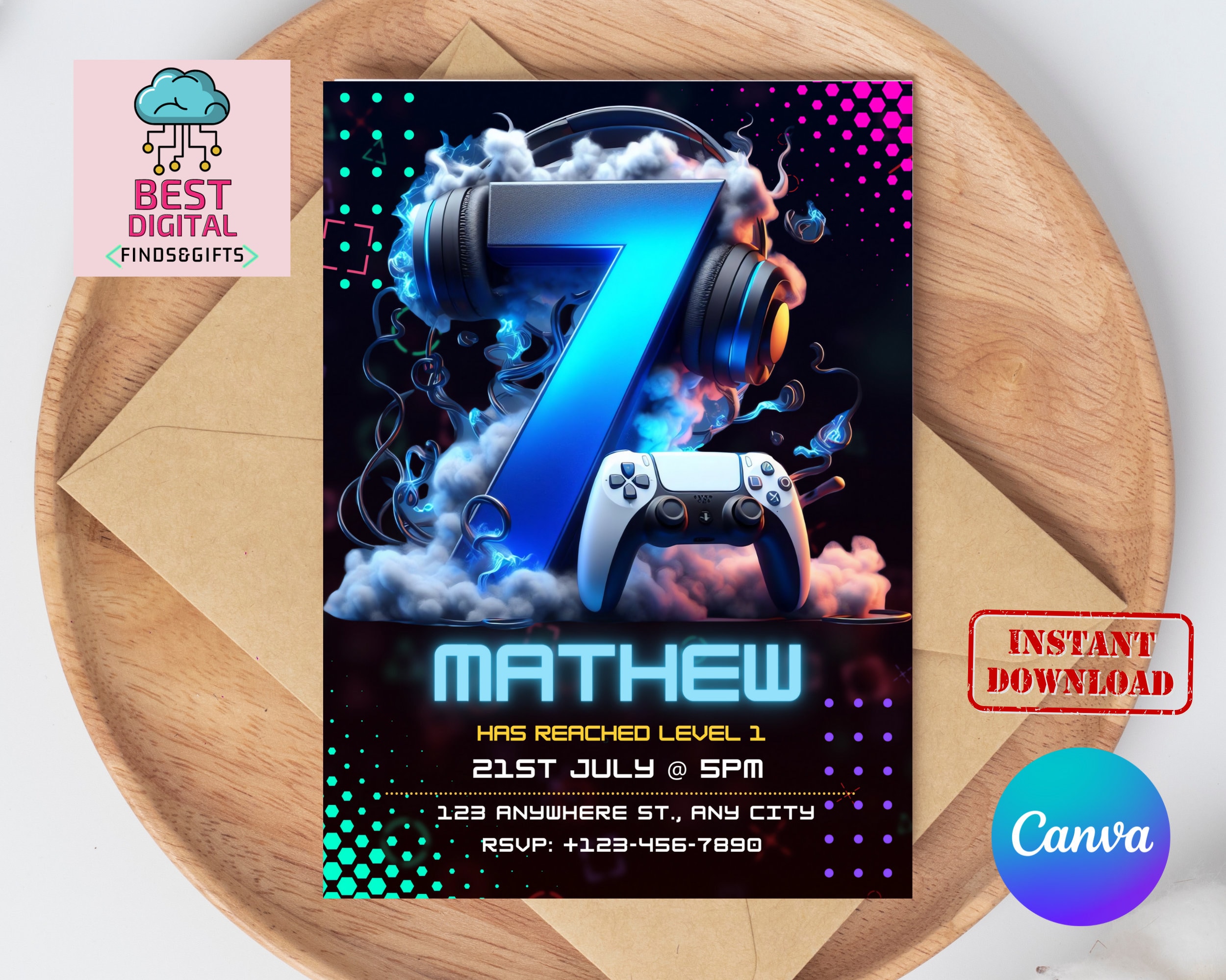 7th Birthday Invitation, Editable Video Game Party Invitation, Level up ...