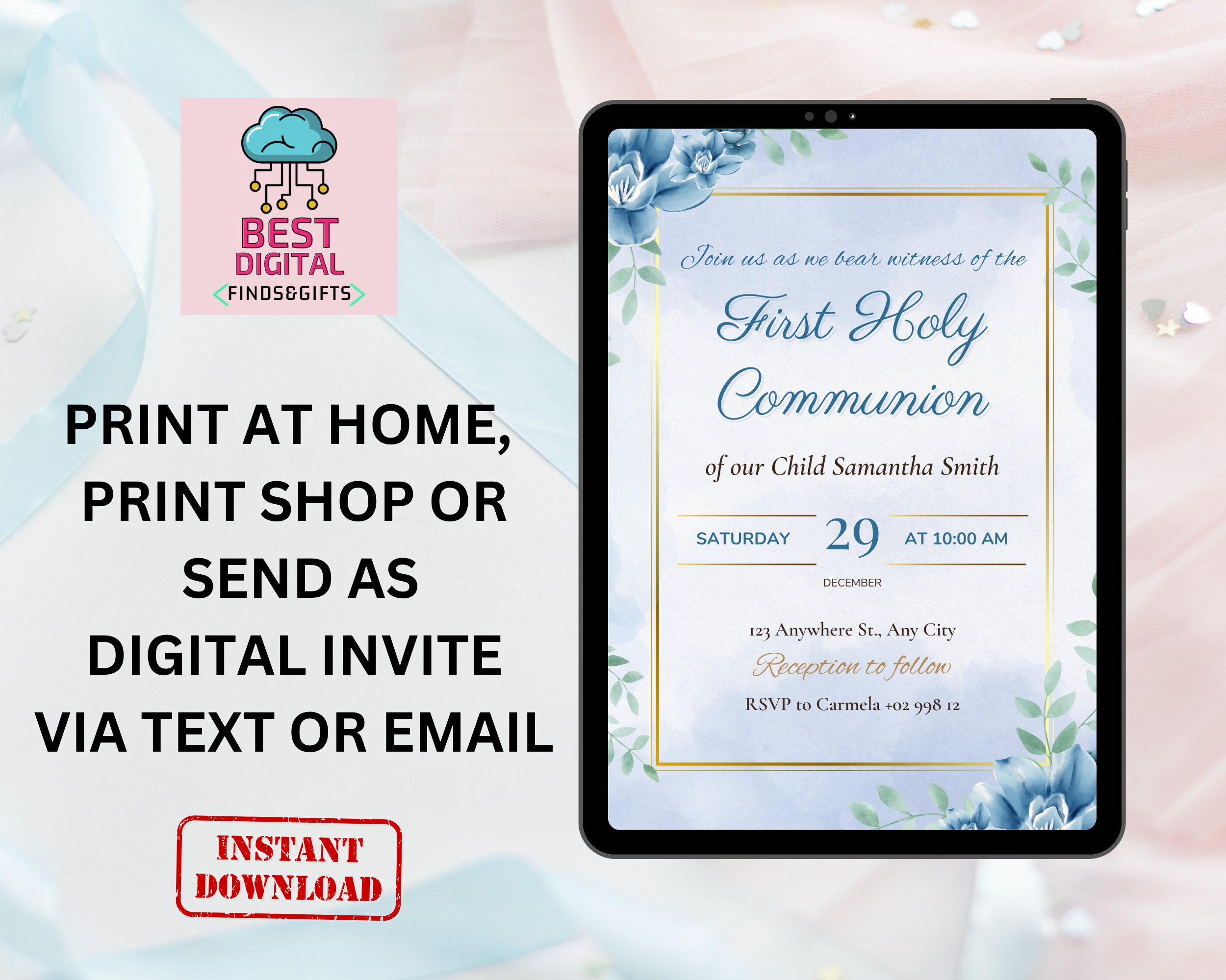 First Communion Invitation Template, First Holy Communion Invite, Blue ...