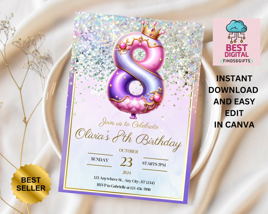 Editable 8th Birthday Invitation, Princess Invitation, Girl Foil ...