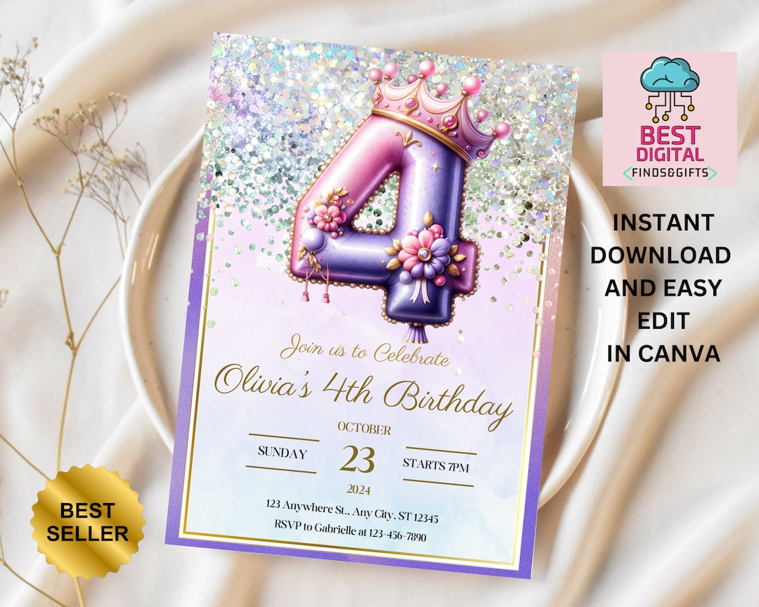 Editable 4th Birthday Invitation, Princess Invitation, Girl Foil ...