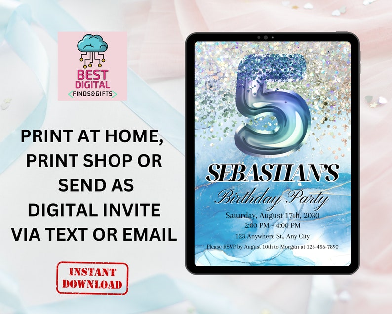 Editable Blue 5th Birthday Invitation, Glitter Birthday Invitation ...