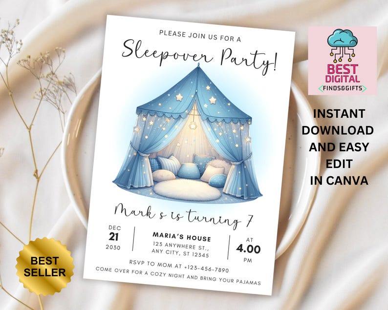 Sleepover Birthday Minimalist Invitation Set Slumber Party Invite Girl ...
