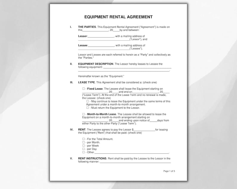 Equipment Rental Agreement Template, Equipment Rental Contract ...
