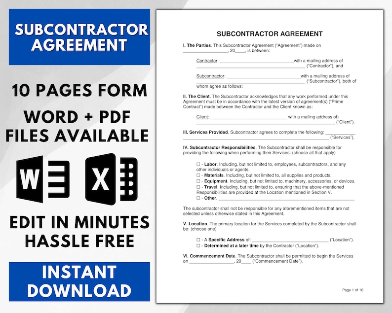 Subcontractor Agreement Template, Subcontractor Agreement Forms ...