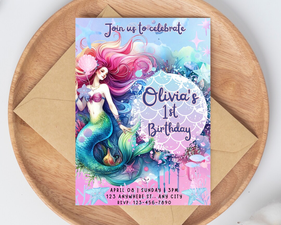 Editable Mermaid Birthday Invitation Mermaid Under the Sea Birthday ...