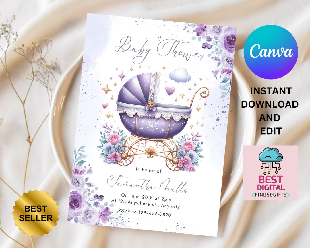 Purple Girl Baby Shower Invitation, Baby Shower Invite, Lavender Baby Shower, Baby Shower ...
