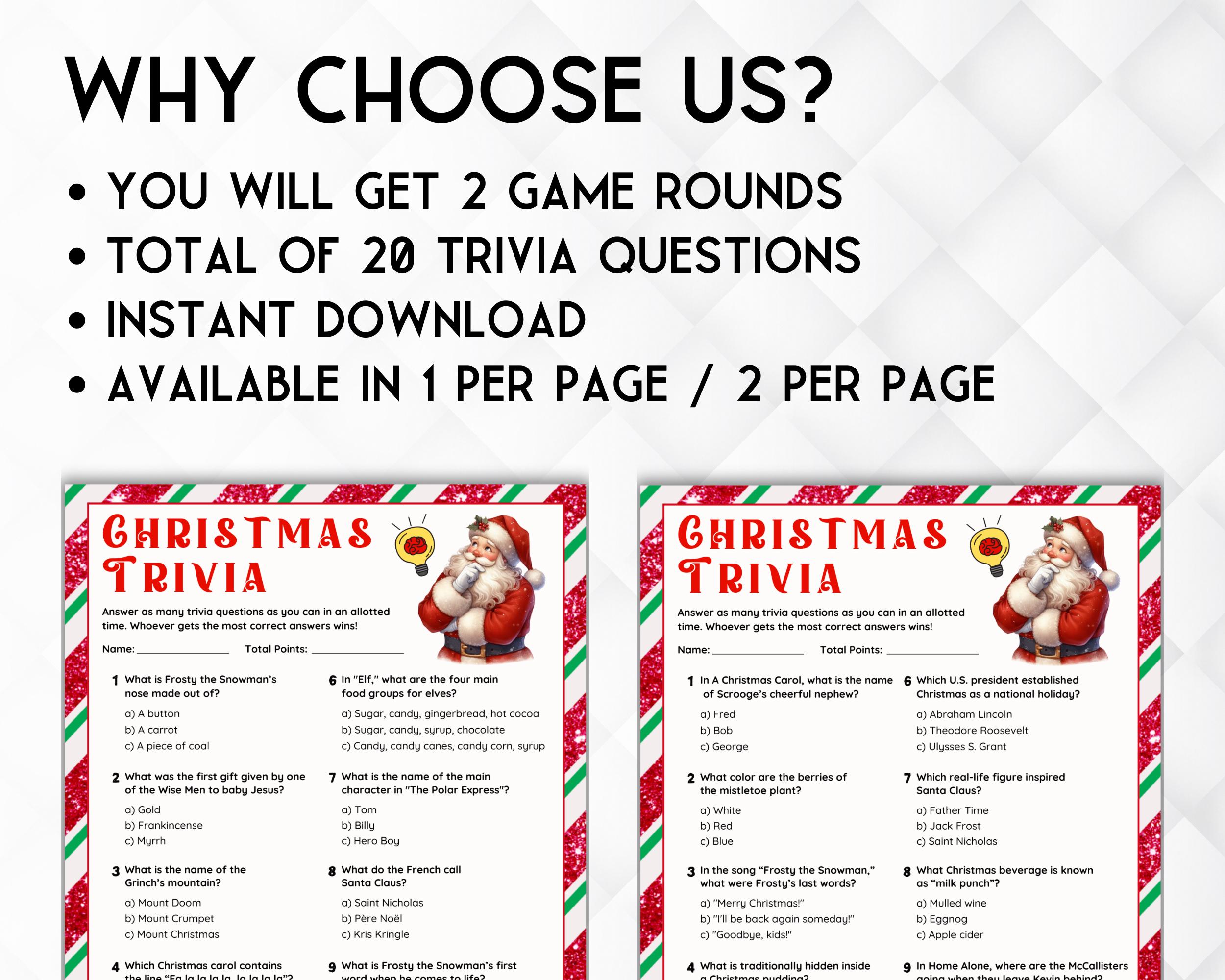 Printable Christmas Trivia Game, Christmas Party Game, Christmas Game ...