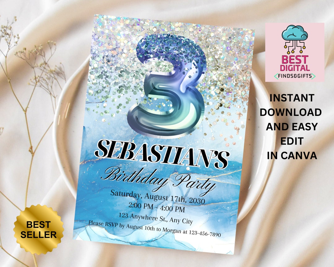 Editable Blue 3rd Birthday Invitation, Glitter Birthday Invitation ...