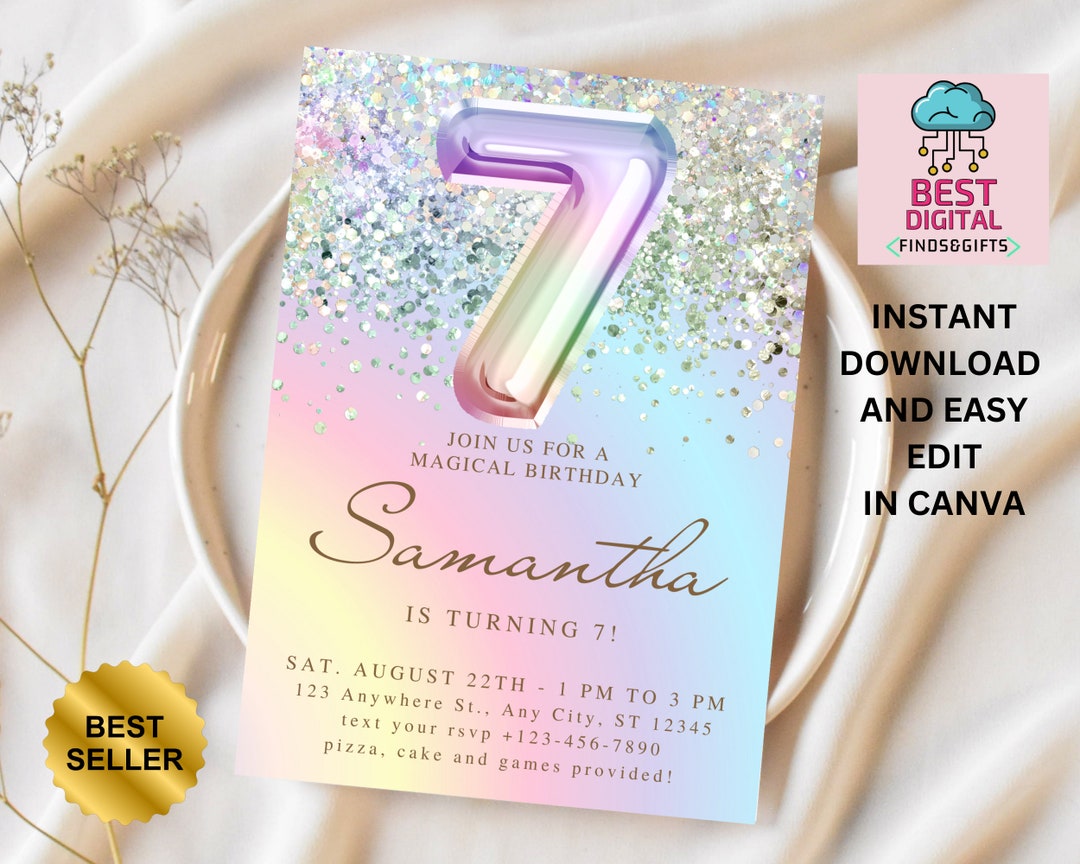 Editable Rainbow 7th Birthday Invitation, Glitter Birthday Invitation ...
