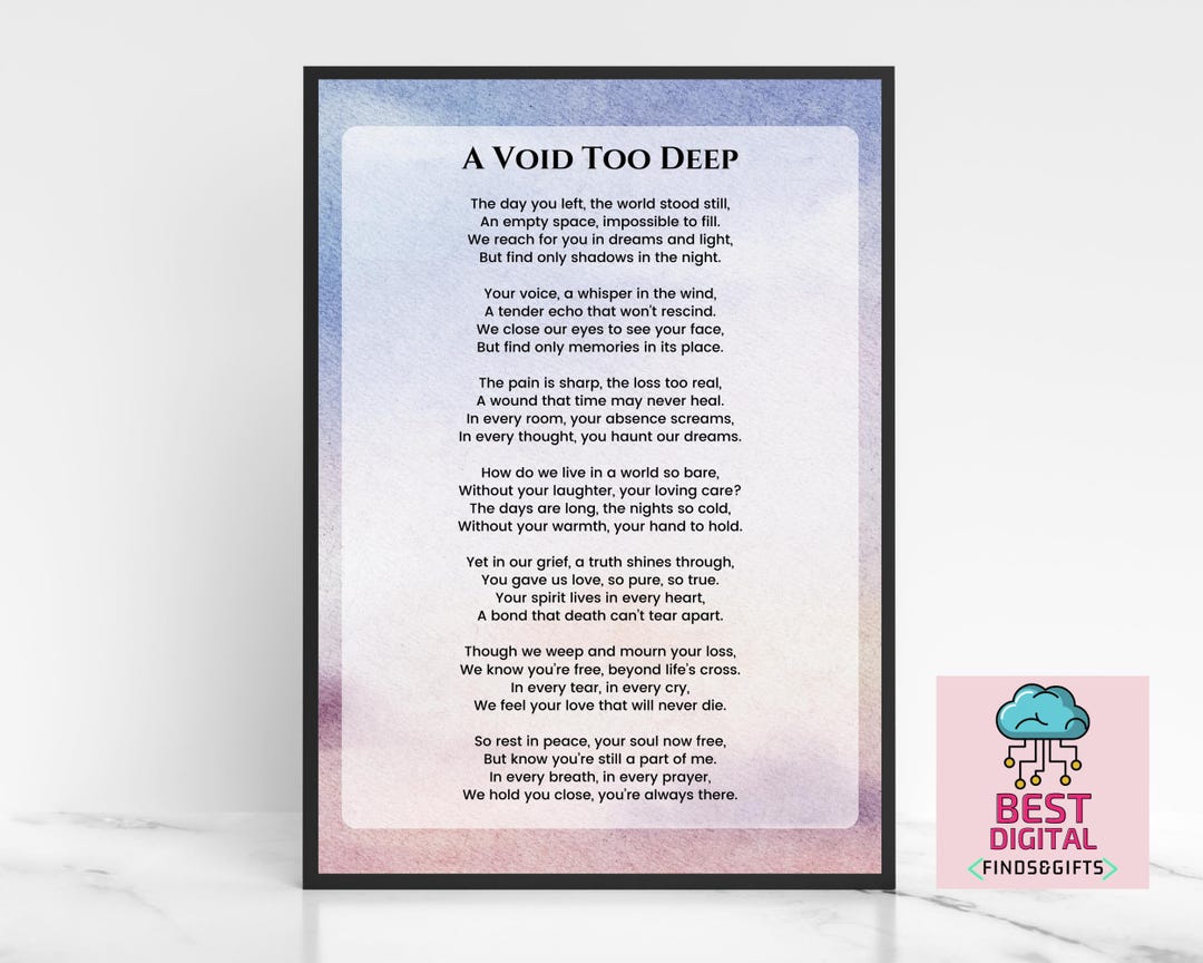 A Void to Deep, Funeral Poem, Grief and Sorrow Poem,bereavement Print,in Memory of Gift, Loss ...