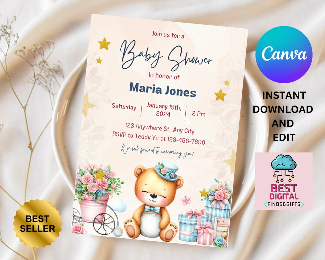 Editable Teddy Bear Baby Shower Invitation, Baby Shower Invite, Bear ...