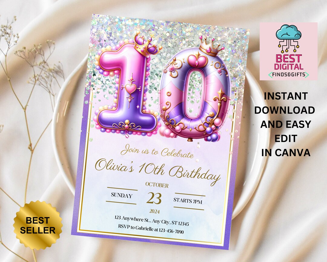 Editable 10th Birthday Invitation,princess Invitation, Girl Foil ...
