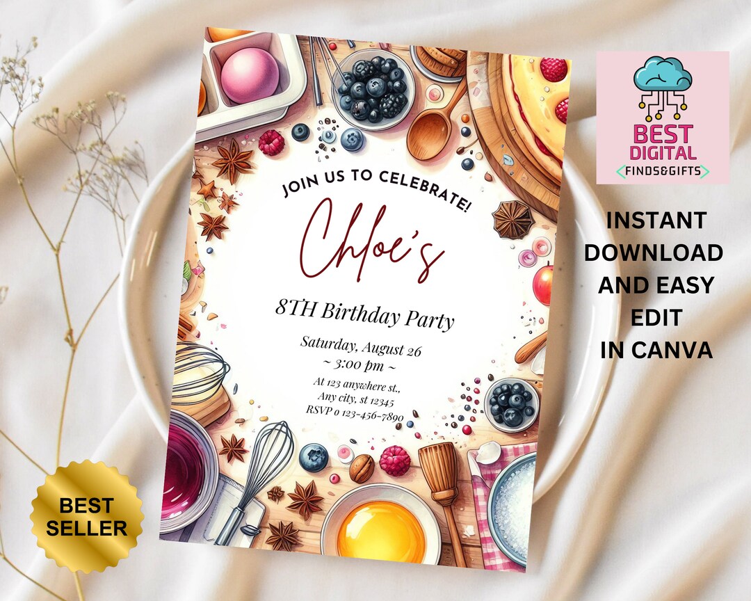 Editable Baking Birthday Party Invitation, Baking Party Invite, Cooking ...
