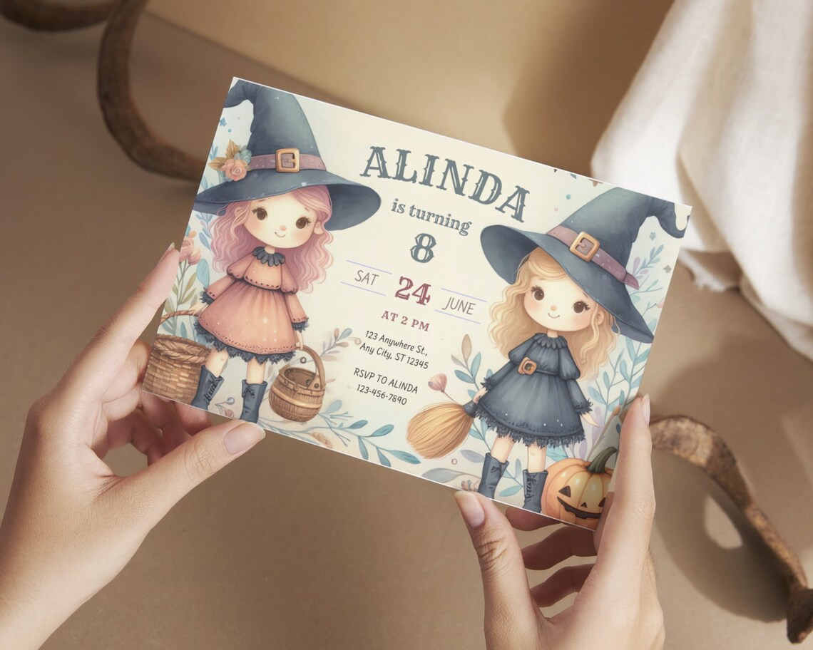 Editable Witch Birthday Invitation, Halloween Invitation, Witch ...