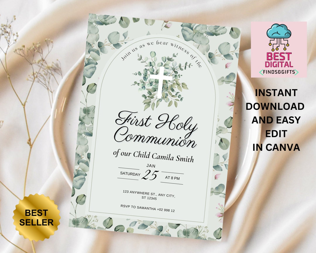 Greenery First Holy Communion Invitation Template, Green Communion ...