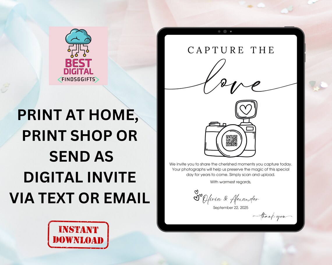 Customizable Wedding Photo Sharing Sign, Capture the Love QR Code ...