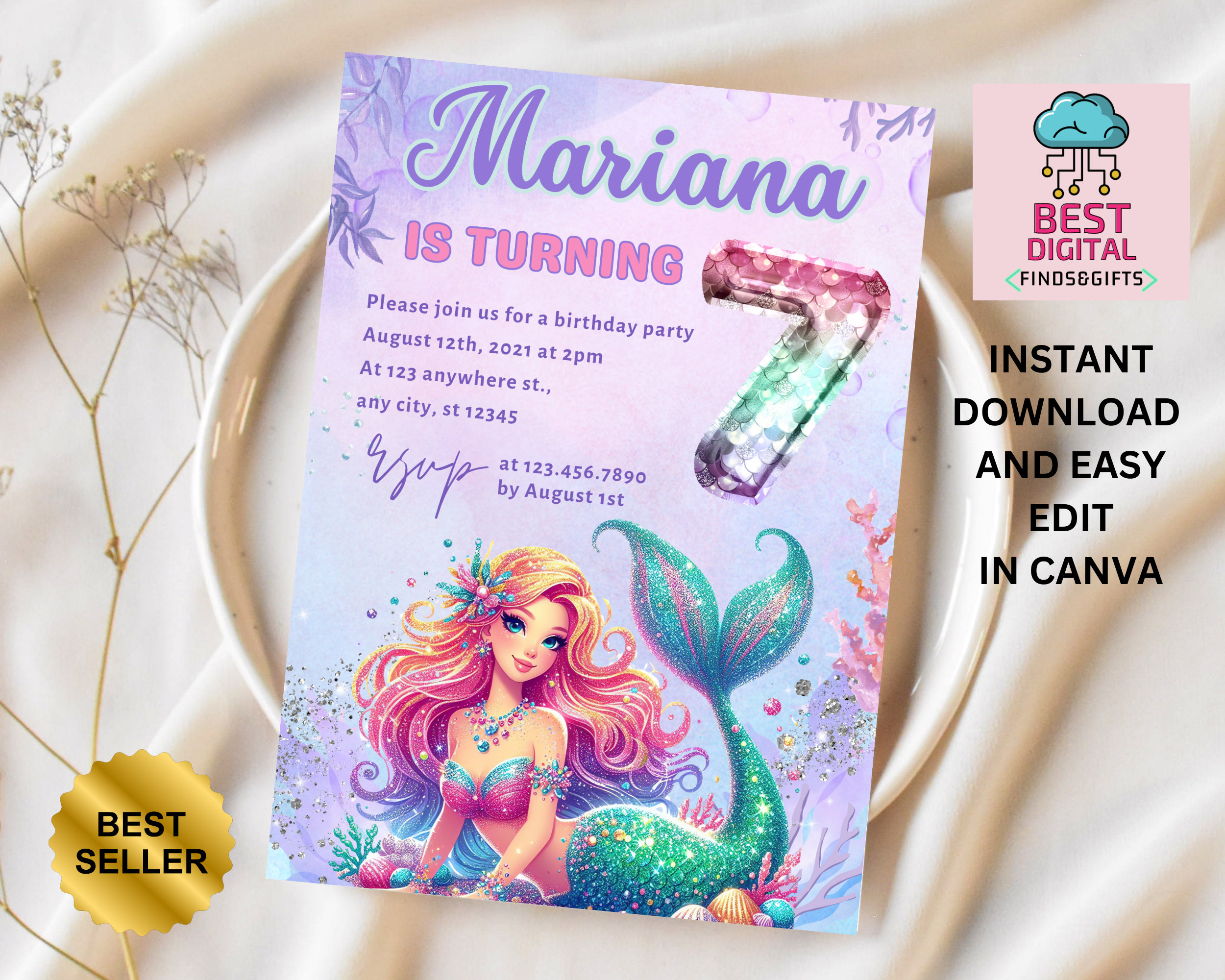 Editable 7th Mermaid Birthday Invitation, Girl Foil Birthday Invite ...