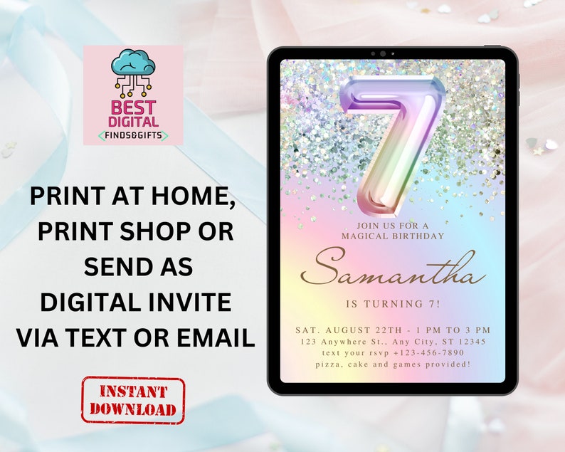 Editable Rainbow 7th Birthday Invitation, Glitter Birthday Invitation ...