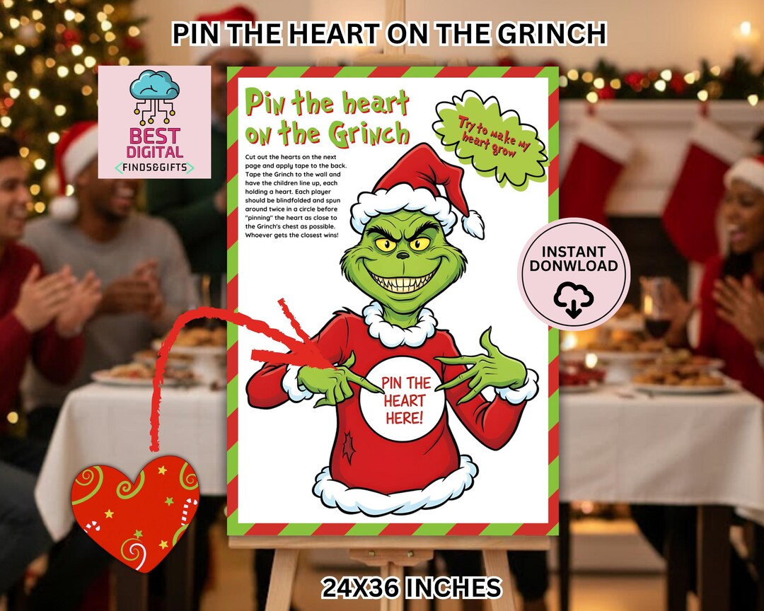 Pin the Heart on the Grinch, Grinch Christmas Game, , Game for Family ...
