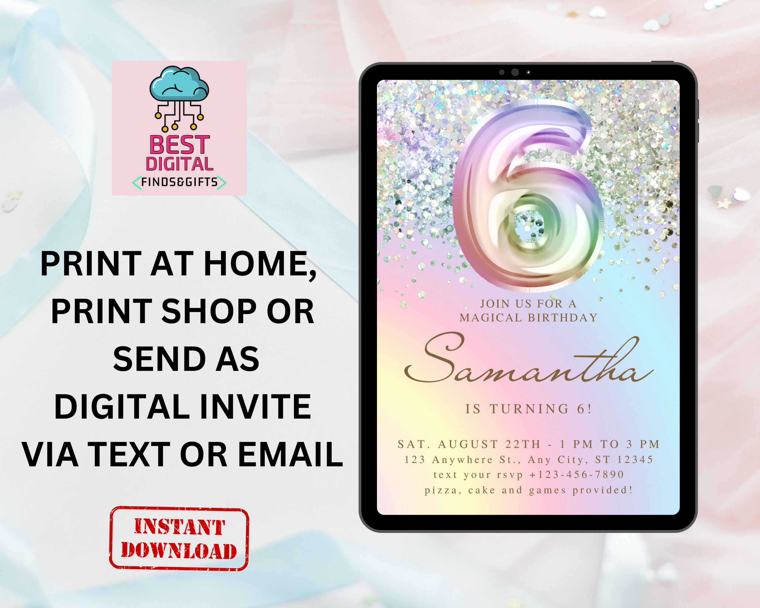 Editable Rainbow 6th Birthday Invitation, Glitter Birthday Invitation ...