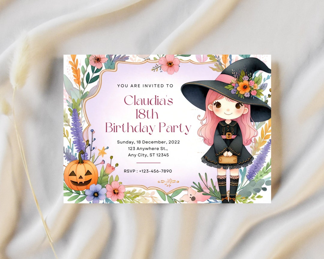 Editable Witch Birthday Invitation, Halloween Invitation, Witch ...