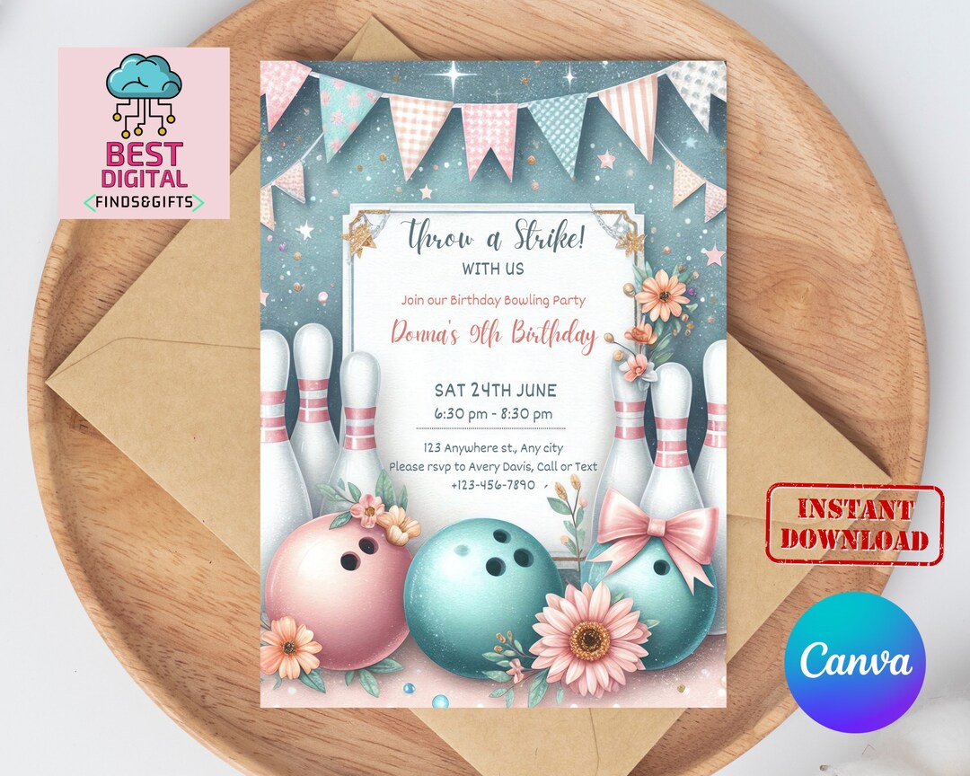 Bowling Party Invitation, Editable Bowling Birthday Invitation, Kids ...