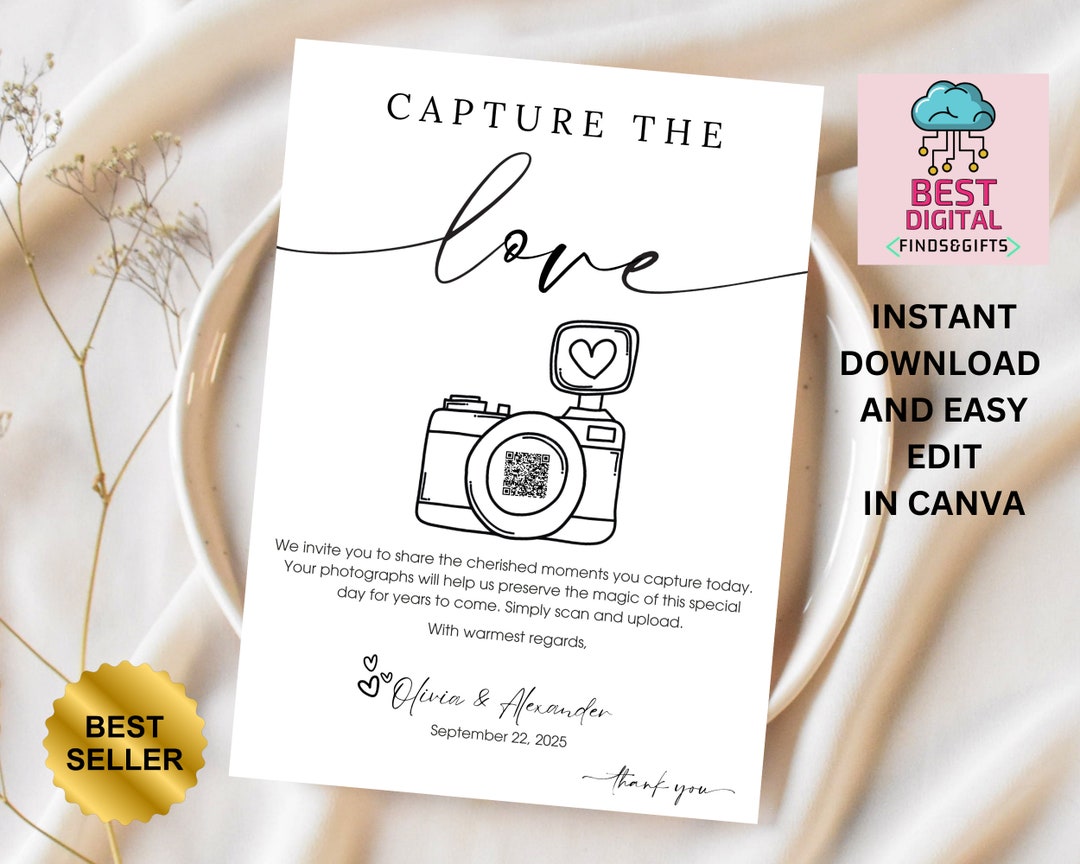 Customizable Wedding Photo Sharing Sign, Capture the Love QR Code ...
