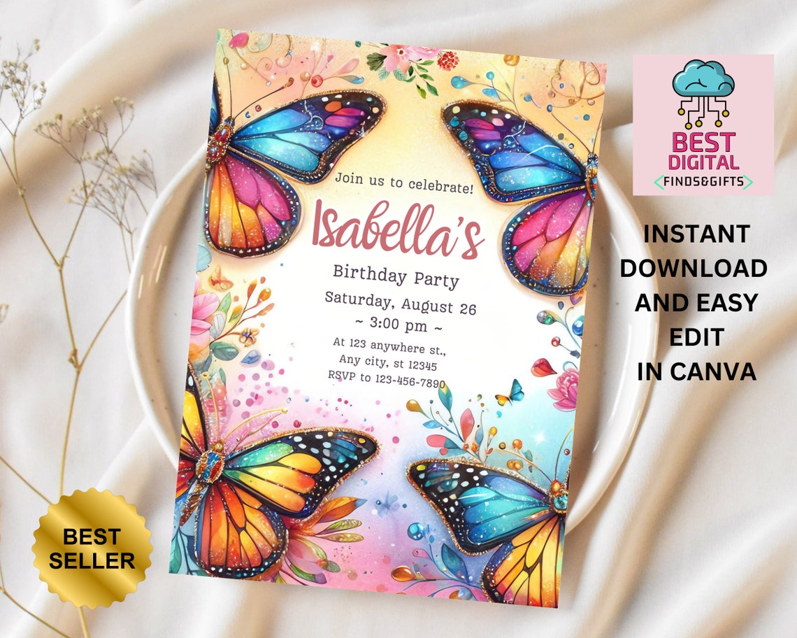 Butterfly Birthday Invitation Girl Butterfly Party Butterfly Invitation ...