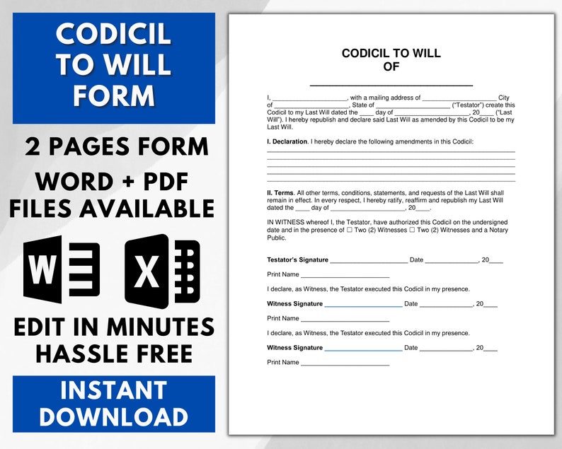 Will Codicil, Will Codicil Form, Will Codicil Templates, Last Will and ...