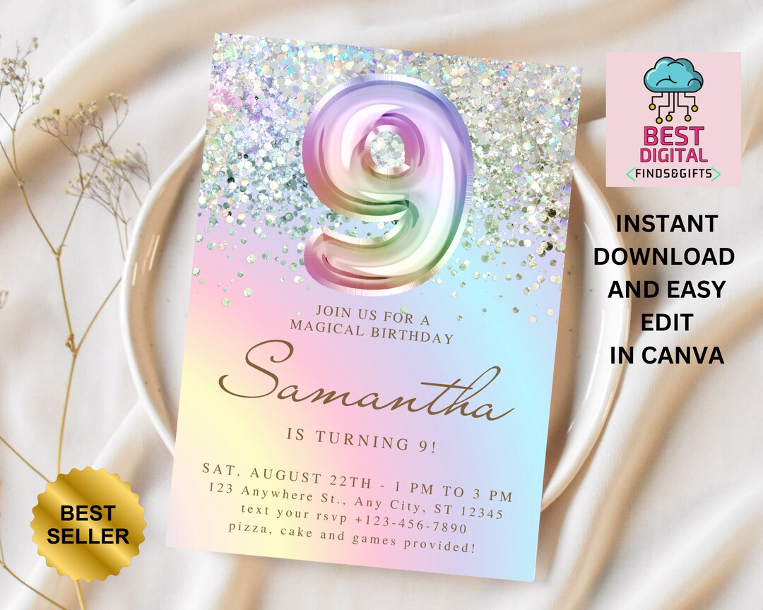 Editable Rainbow 9th Birthday Invitation, Glitter Birthday Invitation ...