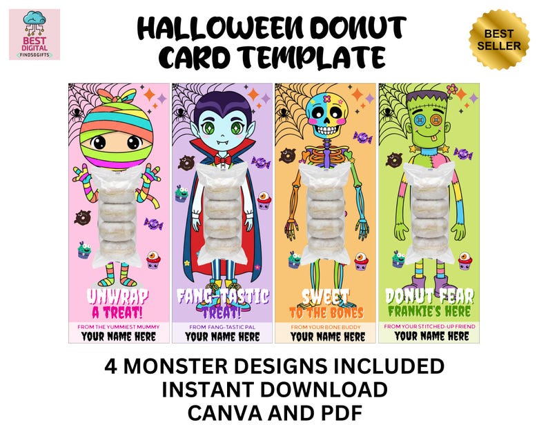 Donut Card Halloween Printable, Skeleton Halloween Donut, Mummy Donut ...