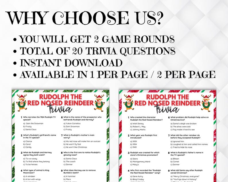Rudolph Trivia Game, Rudolph the Red Nosed Reindeer Printable Christmas ...