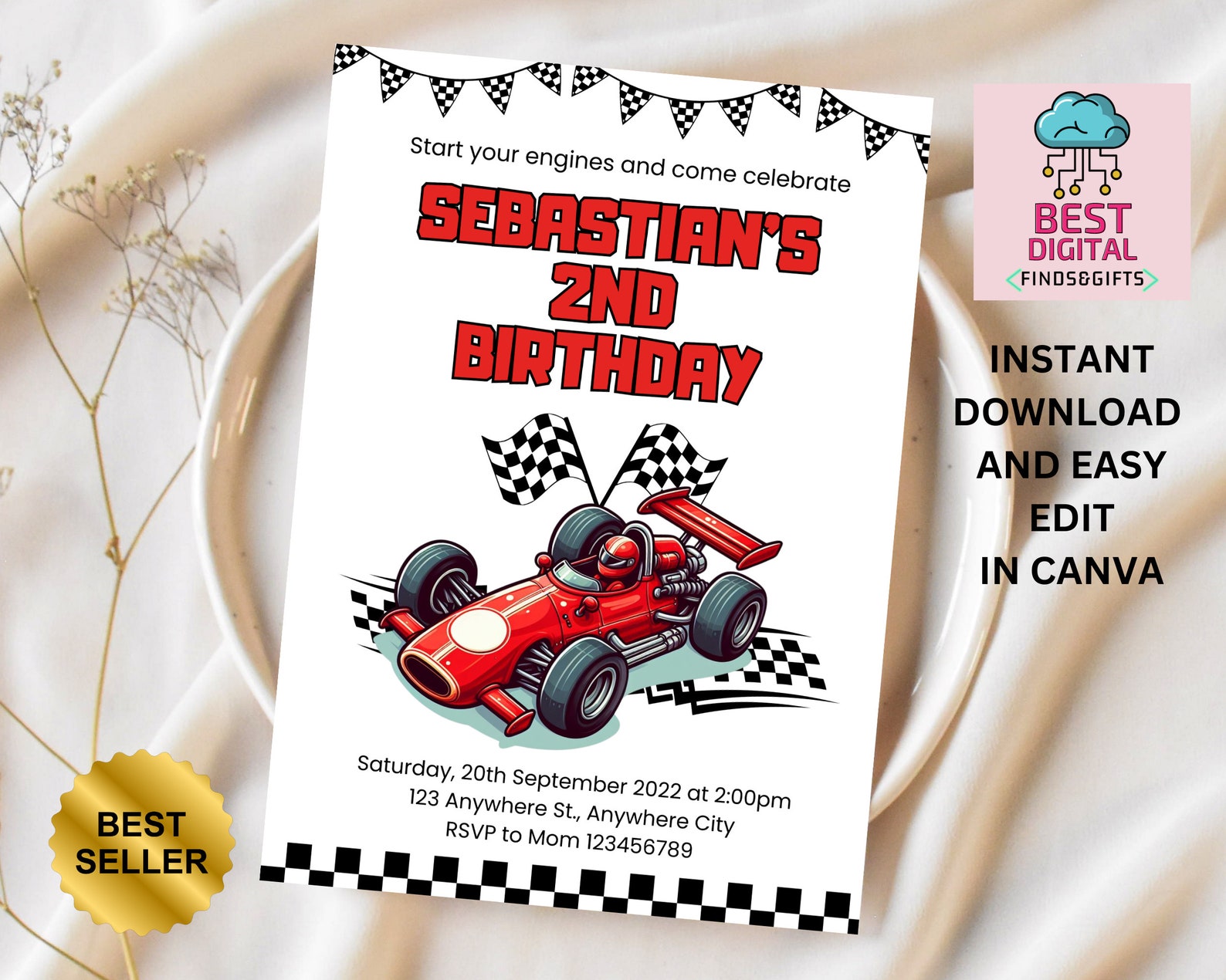 Any Age Racing Invitation, Race Flags Birthday Party Invite, Racing ...