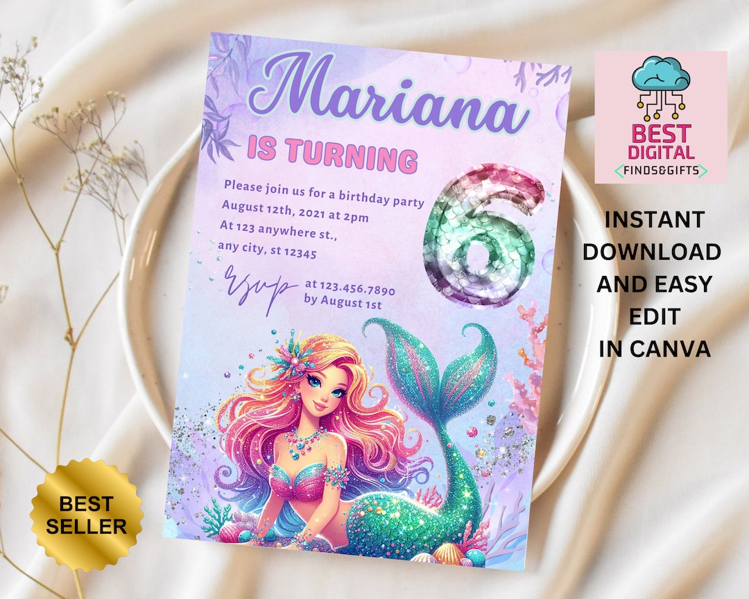 Editable 6th Mermaid Birthday Invitation, Girl Foil Birthday Invite ...