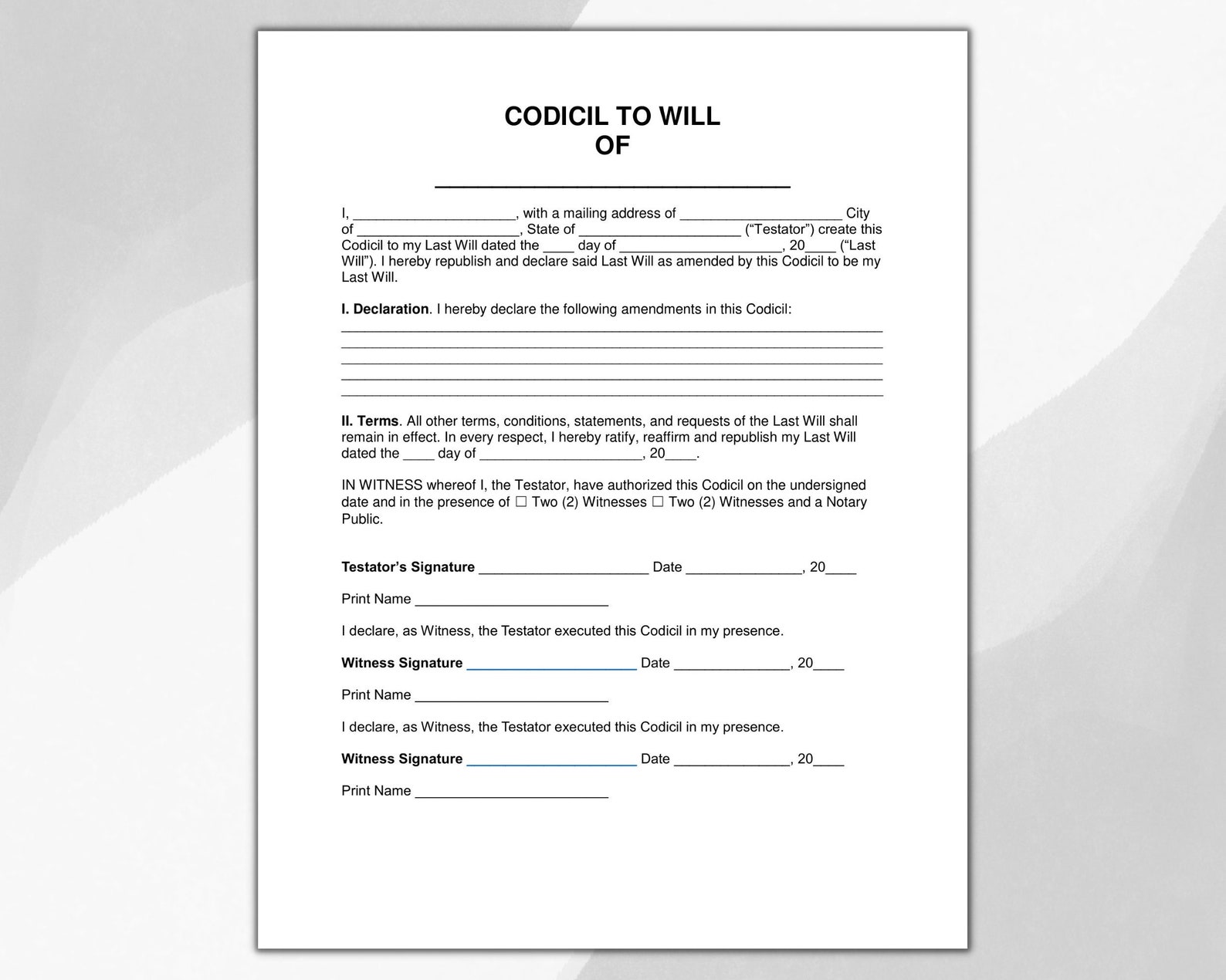 Will Codicil, Will Codicil Form, Will Codicil Templates, Last Will and ...