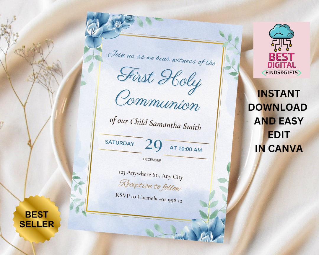 First Communion Invitation Template, First Holy Communion Invite, Blue ...