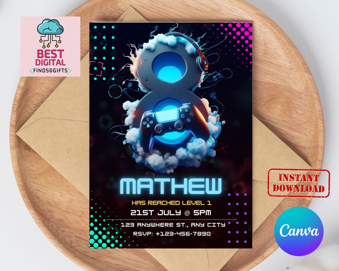 8th Birthday Invitation, Editable Video Game Party Invitation, Level up ...