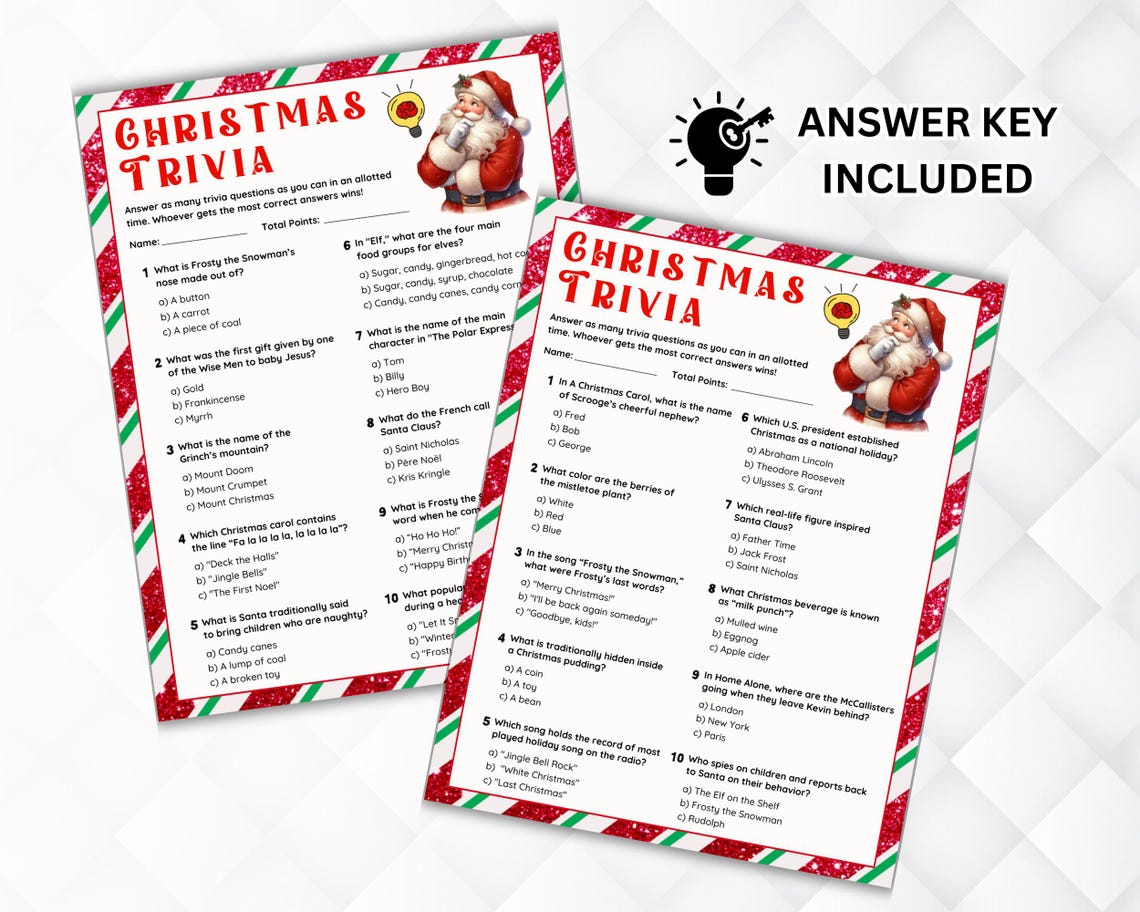Printable Christmas Trivia Game, Christmas Party Game, Christmas Game ...