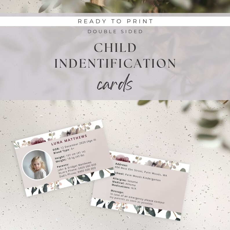 Plum Floral Editable Child ID Card, Canva Template, Printable Child ...