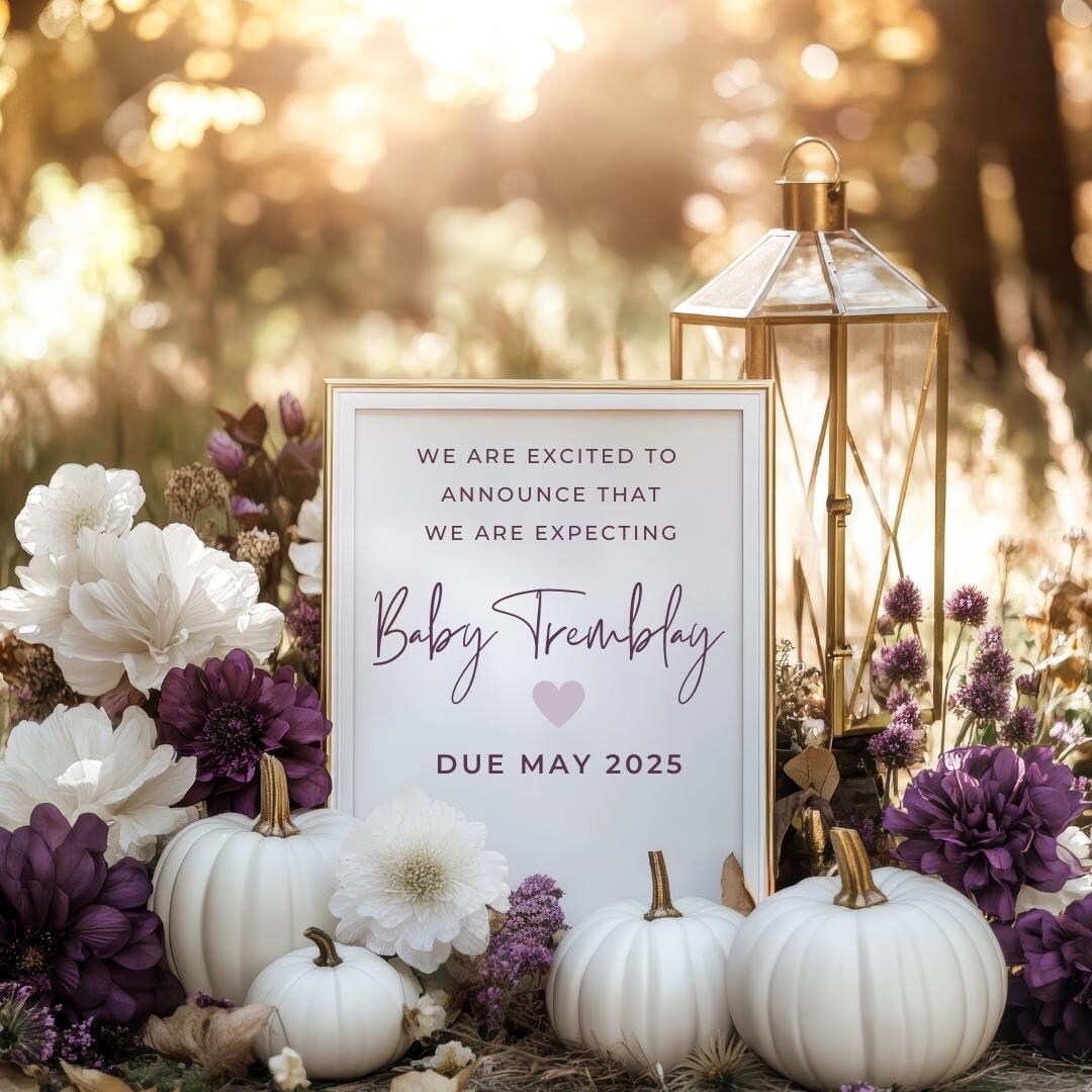 Purple Floral Fall Pregnancy Announcement, White Pumpkin Thanksgiving ...