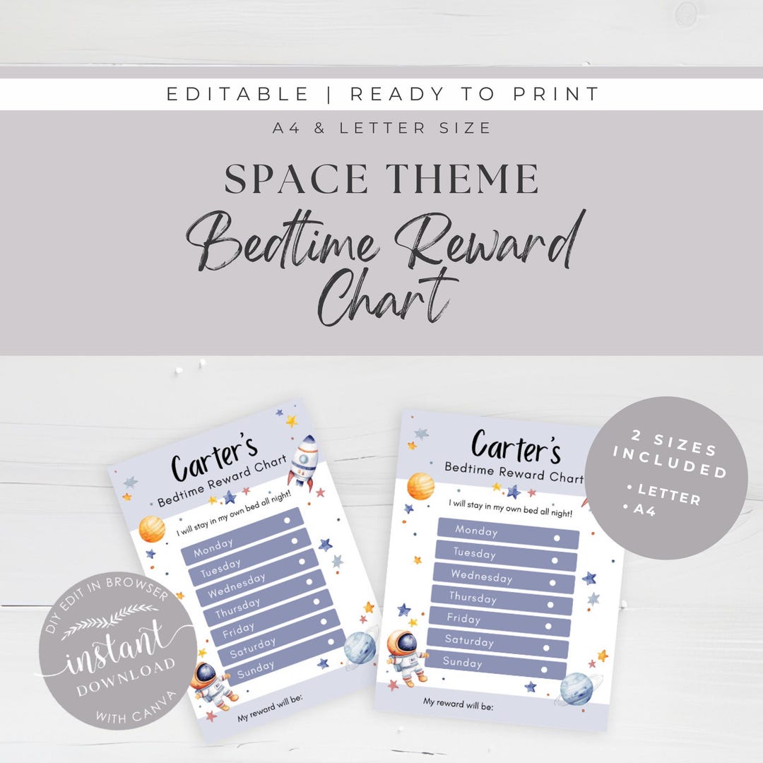 Bedtime Reward Chart, Kids Star Chart, Space Theme Night Printable ...