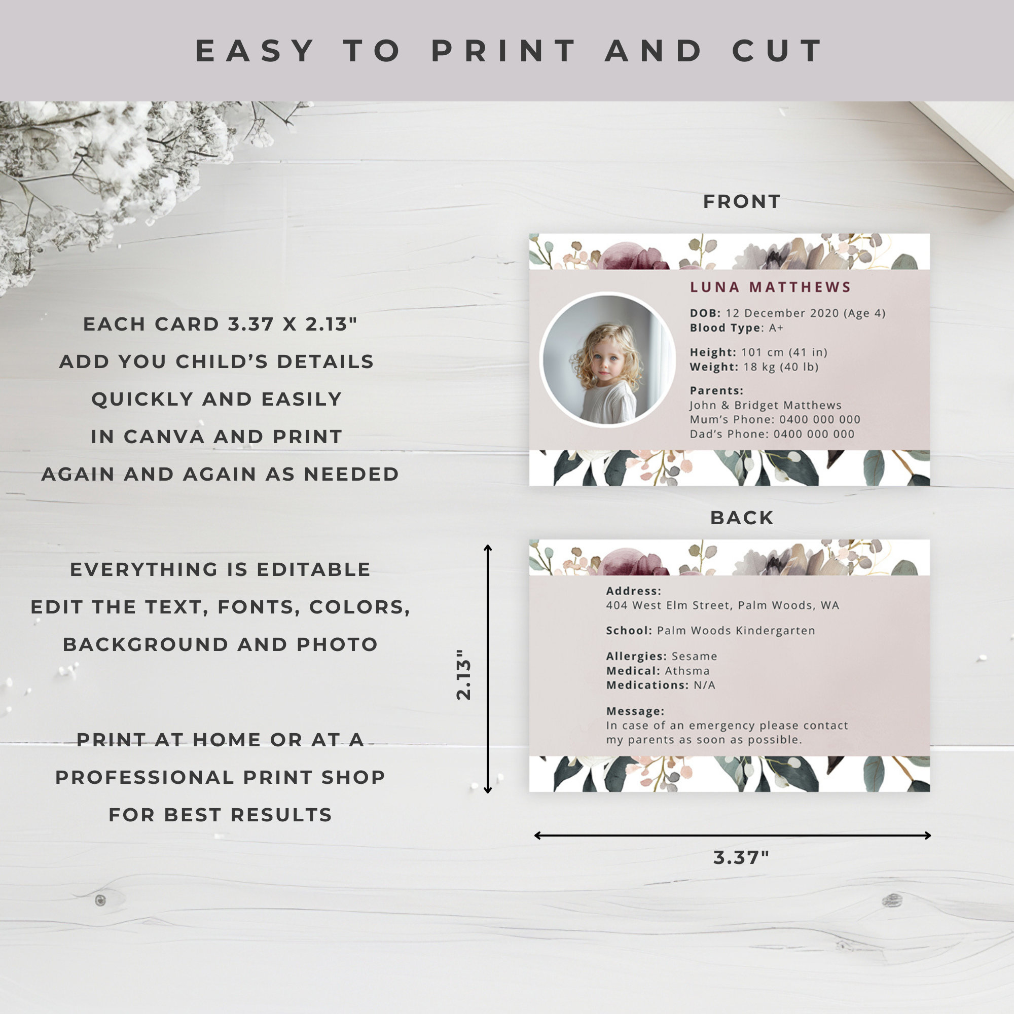 Plum Floral Editable Child ID Card, Canva Template, Printable Child ...